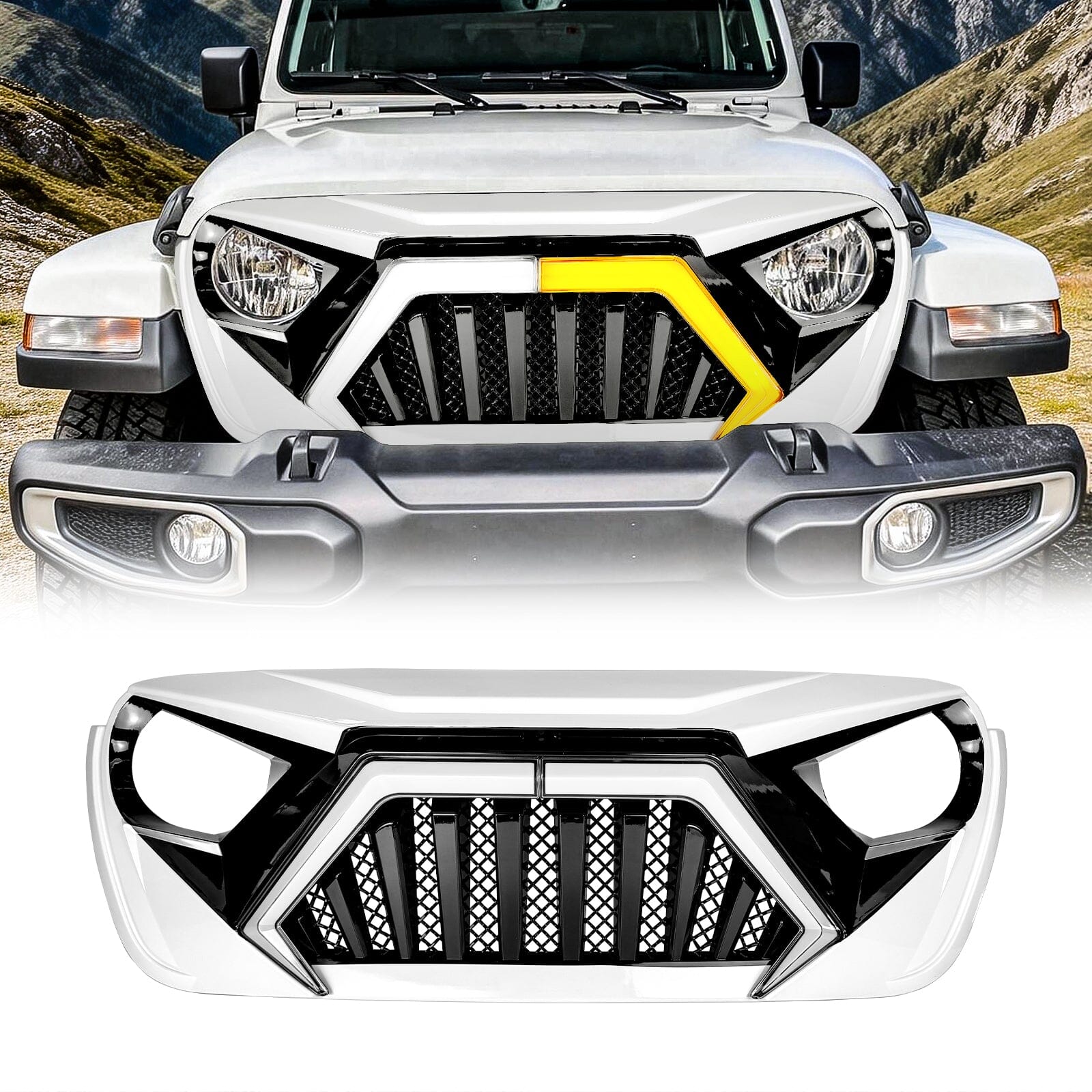 Goliath Grille W/ LED DRL and Turn Signals - White & Black For 18+ Jee ...